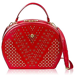 Valentino Orlandi Women's Large Handbag Italian Designer Purse Bowling Bag Top Handle Red Embroidered Genuine Leather Bowler Bag in Laser Cut Gold Design