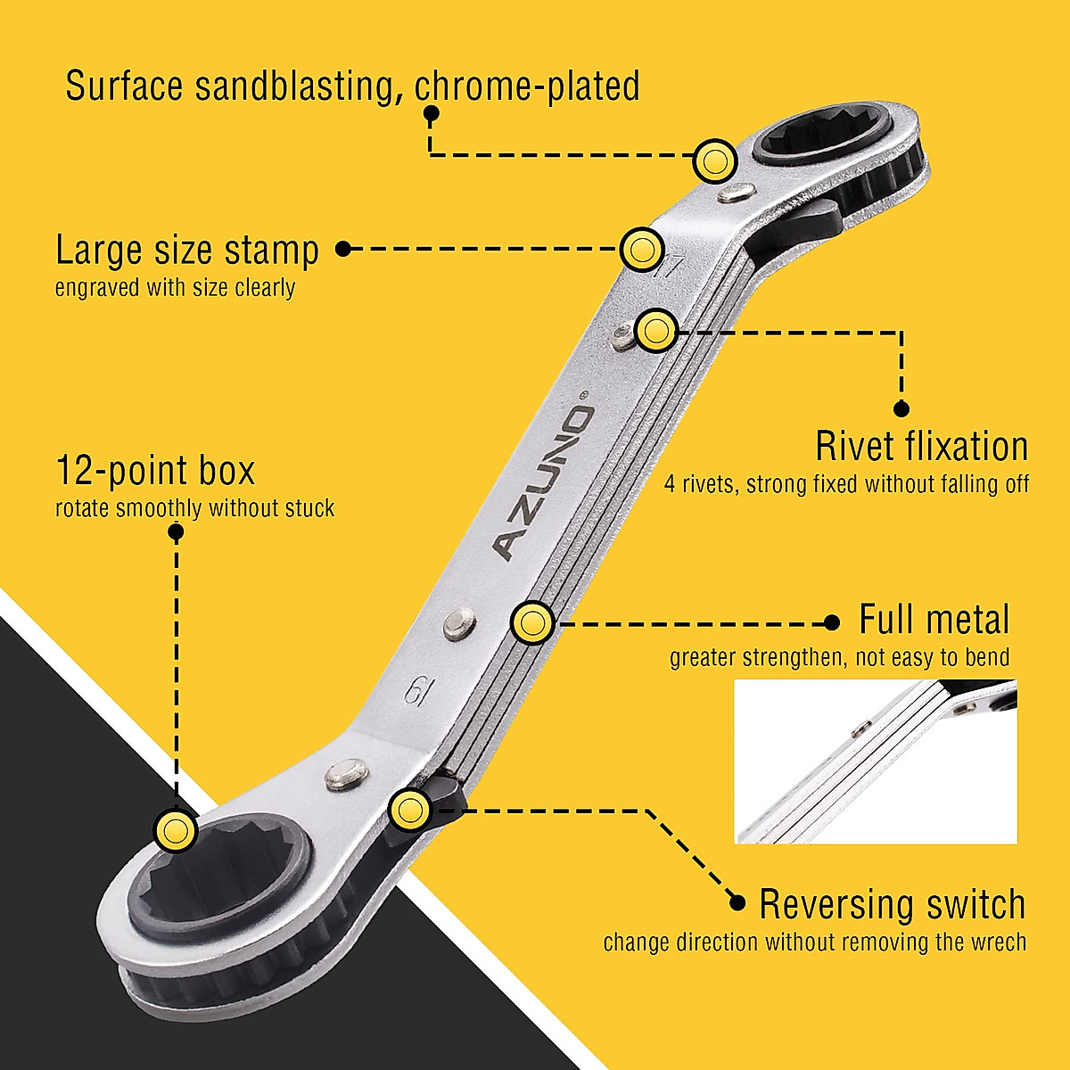 AZUNO 6 pcs Double Offset Box End Reversible Ratcheting Wrench Set, Metric, Ratchet Spanner Crooked for Narrow Spaces
