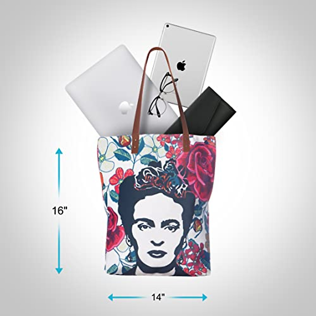 Akitai Frida Kahlo Inspired White Portrait Buenos Aires Mural Floral Tote Bag Relaxed - Shoulder - Great For Shopping, Travelling, and Days Out – Boho - Handbag - Art Bag in the Image of Frida Kahlo