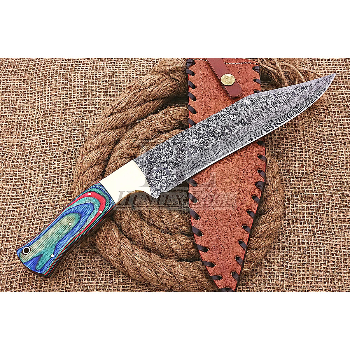 HUNTEX Handmade Hand-Forged Rain Drop Pattern Damascus Steel 14 Inch Long Full Tang Pakka Wood Handle Razor Sharp Hunting Camping Bowie Knife w/Genuine Leather Sheath
