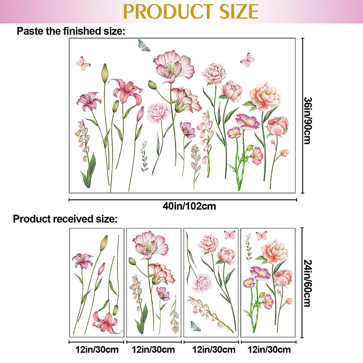 Amaonm Removable Fresh Flower and Flying Butterfly Dragonfly Wall Sticker Blue Pink Lily Poppy Peony Floral Wall Decal DIY Peel and Stick Grass Plants Wall Decor for Girls Baby Bedroom Nursery Living