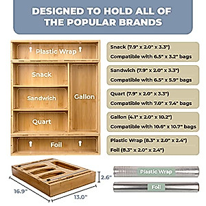 6-in-1 Slim Profile Bamboo Ziplock Bag Organizer for Drawer - Foil and Plastic Wrap Organizer | Baggie & Storage Bag Kitchen Organizer for Gallon, Quart, Sandwich, Snack
