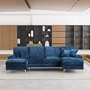 OUYESSIR Chenille U-Shaped Sectional Sofa Couch, 4 Seat Sofa Set for Living Room with 4 Pillows, 114" L-Shaped Chenille Sleeper Couch Set with Double Chaise Lounge (Blue)