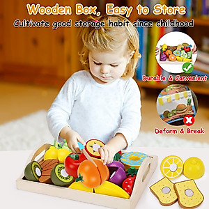 Wooden Pretend Play Food Sets Cutting Toys for Kids Kitchen Accessories Playset Montessori Toys with Toy Knife Velcro Fruit Board Learning Educational Fine Motor Skills Toddler Toys Birthday Gift