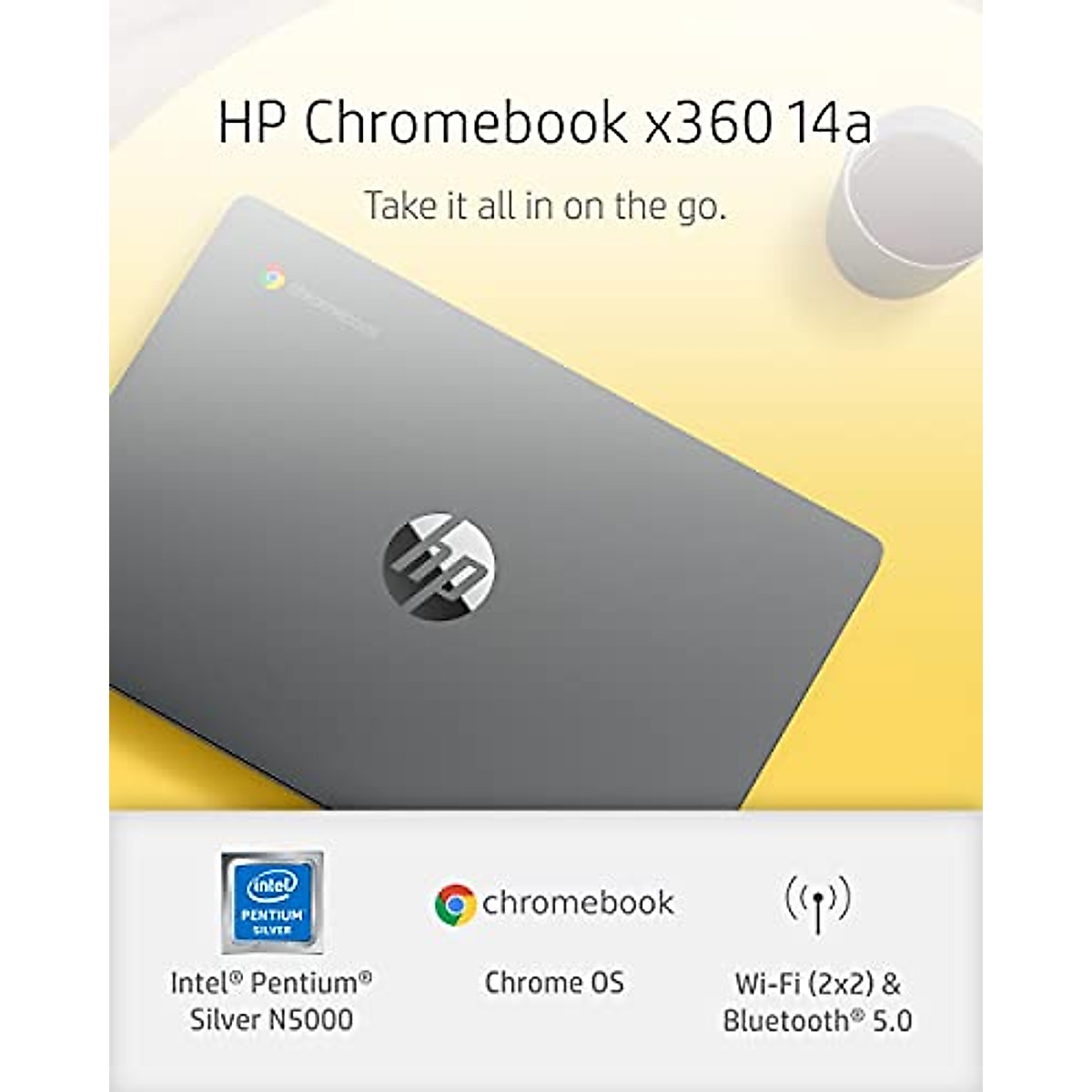 HP Chromebook x360 14a 2-in-1 Laptop, Intel Pentium Silver N5000 Processor, 4 GB RAM, 64 GB eMMC, 14" HD Display, Chrome OS with Webcam & Dual Mics, Work, Play, Long Battery Life (14a-ca0022nr, 2021)