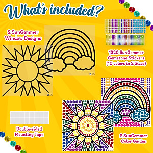 PURPLE LADYBUG SUNGEMMERS Gem Art Suncatcher Kit for Kids + 7 Brown Gift Bags with Scratch Panel for Messages