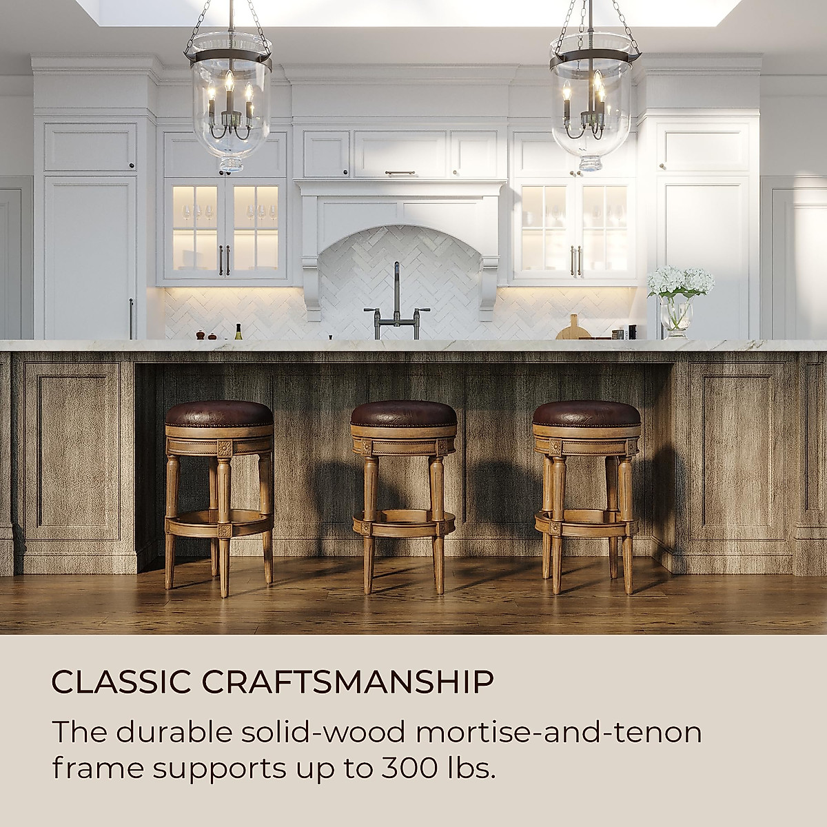 Maven Lane Pullman 31 Inch Tall Bar Height Upholstered Backless Barstool in Walnut Finish with Marksman Saddle Vegan Leather Cushion Seat, Set of 3