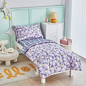 100% Cotton 4 Pieces Purple Floral Toddler Bedding Set with Yellow and White Flowers Includes Adorable Quilted Purple Comforter, Plaid Fitted Sheet, Top Sheet, and Pillow Case for Boys Girls