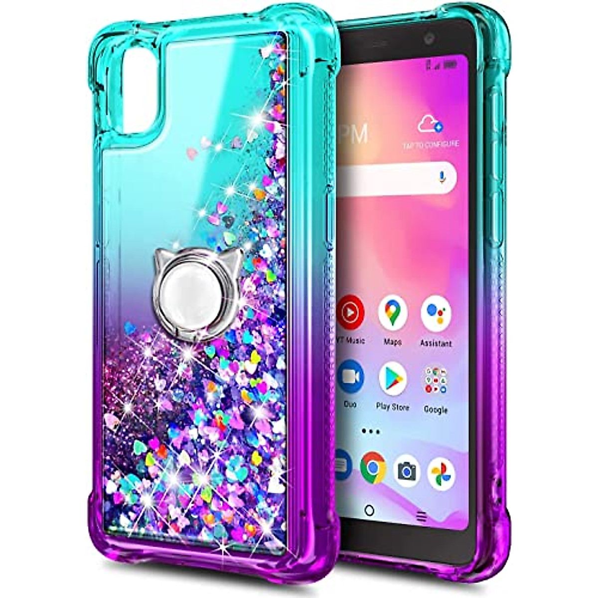 NZND Compatible with TCL 30Z (T602DL) Case, TCL 30 LE with Tempered Glass Screen Protector/Ring Holder/Wrist Strap, Glitter Liquid Floating Waterfall Durable Women Girls Kids Cute Case (Aqua/Purple)