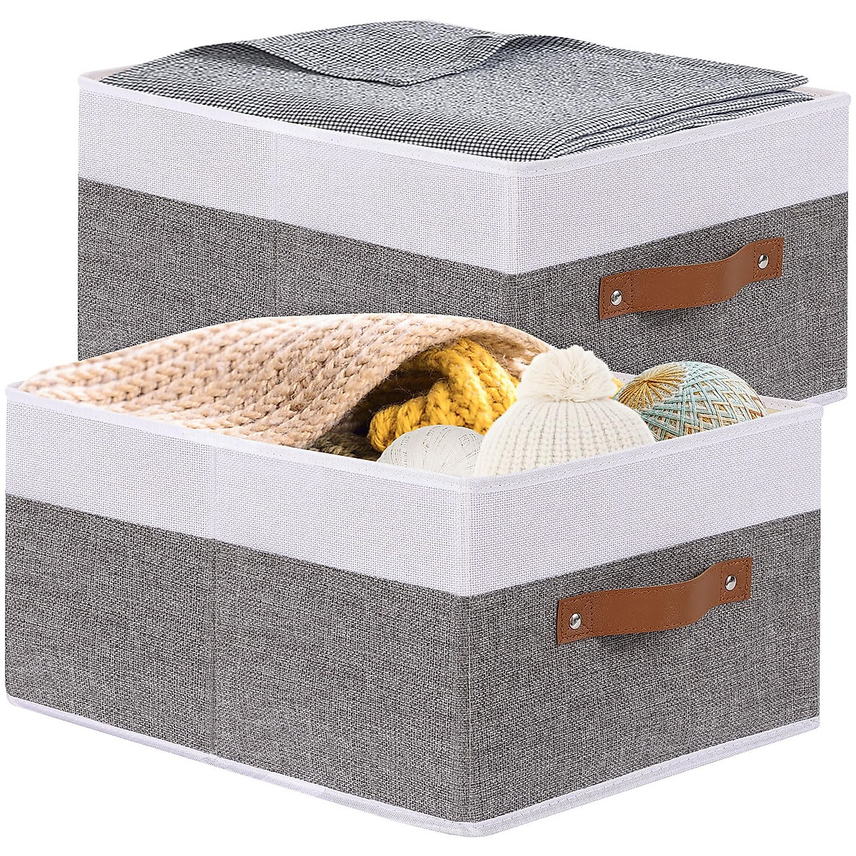 YheenLf Clothing Storage Bins, Closet Bin with Handles, Foldable Storage Baskets, Fabric Containers Storage Boxes for Organizing Shelves (Medium -2 Pack, White/Grey)