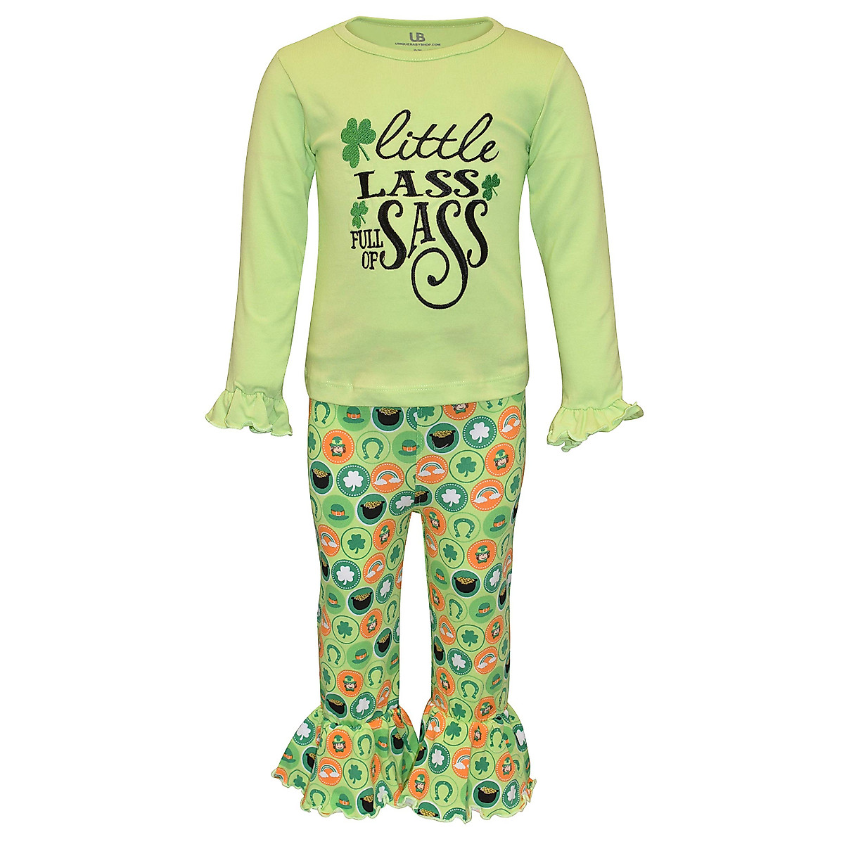Unique Baby 2 Piece Girls Double Ruffle Leggings and Long Sleeve Shirt Clothes Set Kid and Toddler Girl St Paricks Day Outfit (7 Years, Little Lass)