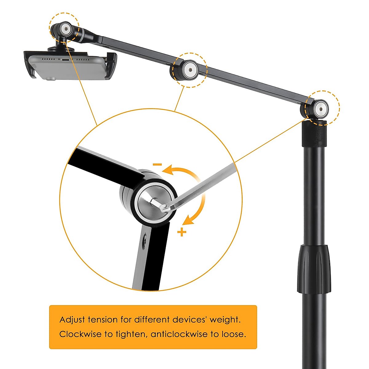SupeDesk Phone Stand Overhead Recording Stand, Adjustable Cell Phone Holder, Multiangle, 3-Part Adujustable,Horizontal Recording Stand, Compatible with 3.5-11" Phone/iPad Mini/iPhone, Black