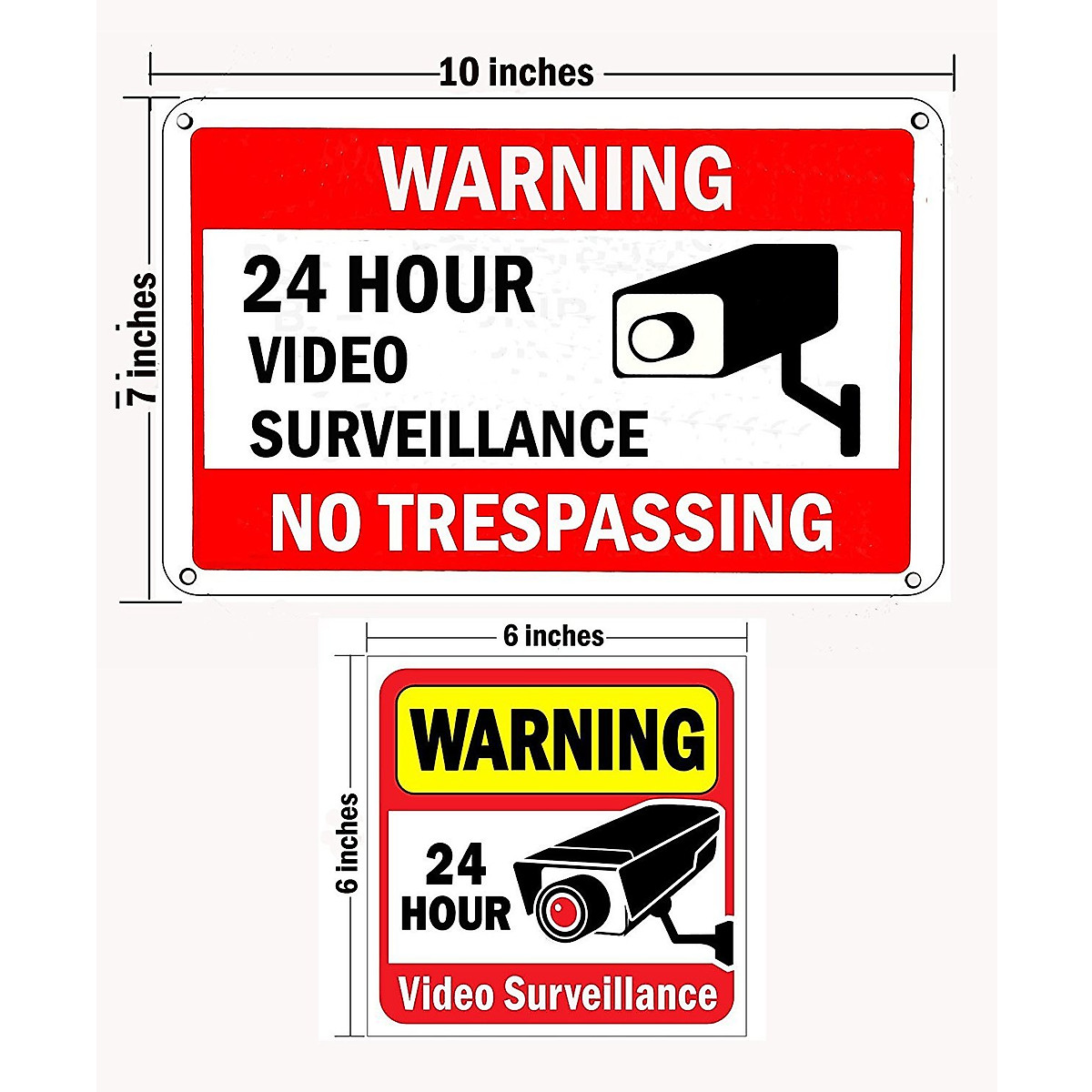 WISLIFE Video Surveillance Sign Set, 2 (10" X 7") Aluminum Warning Signs & 6 (6"X6") Window Stickers, Video Security Signs
