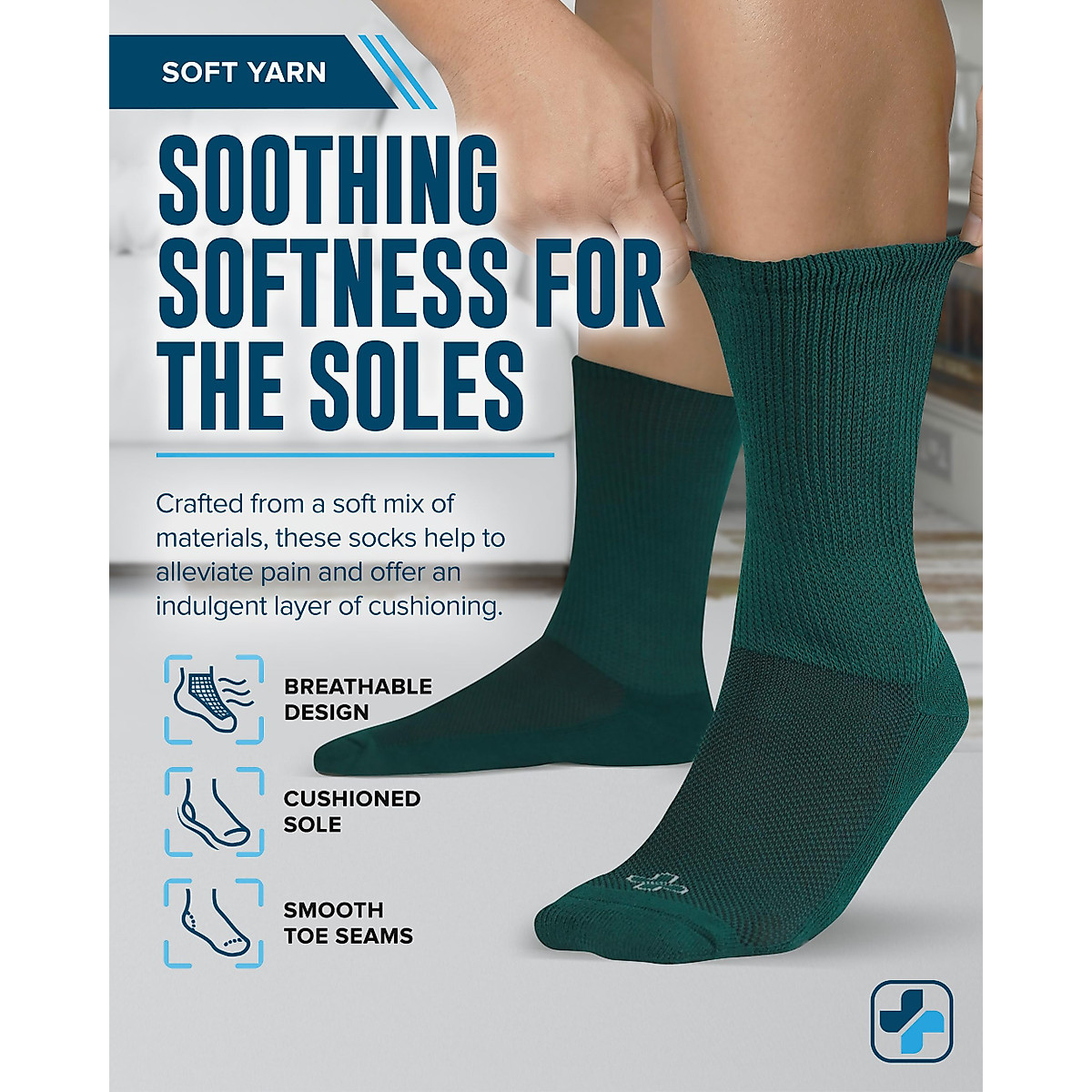 Doctor's Select Diabetic Socks for Men - 4 Pairs Crew Diabetic Neuropathy Socks for Men | Navy, Green, Blue, Gray | Non Binding Mens Diabetic Socks for Moisture Management
