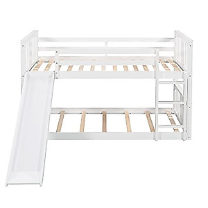 Tidyard Twin Over Twin Bunk Bed with Slide and Ladder, Wood Bed Frame White for Bedroom Dorm Guest Room Home Furniture
