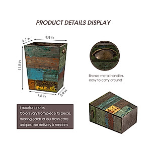 TIMRIS Small Wood Trash Can Wastebasket, Farmhouse Rectangular Garbage Can Waste Basket, Rustic Distressed Boho Wooden Trash Recycling Bin with Metal Handles, Reclaimed Wood Storage Basket (Random)