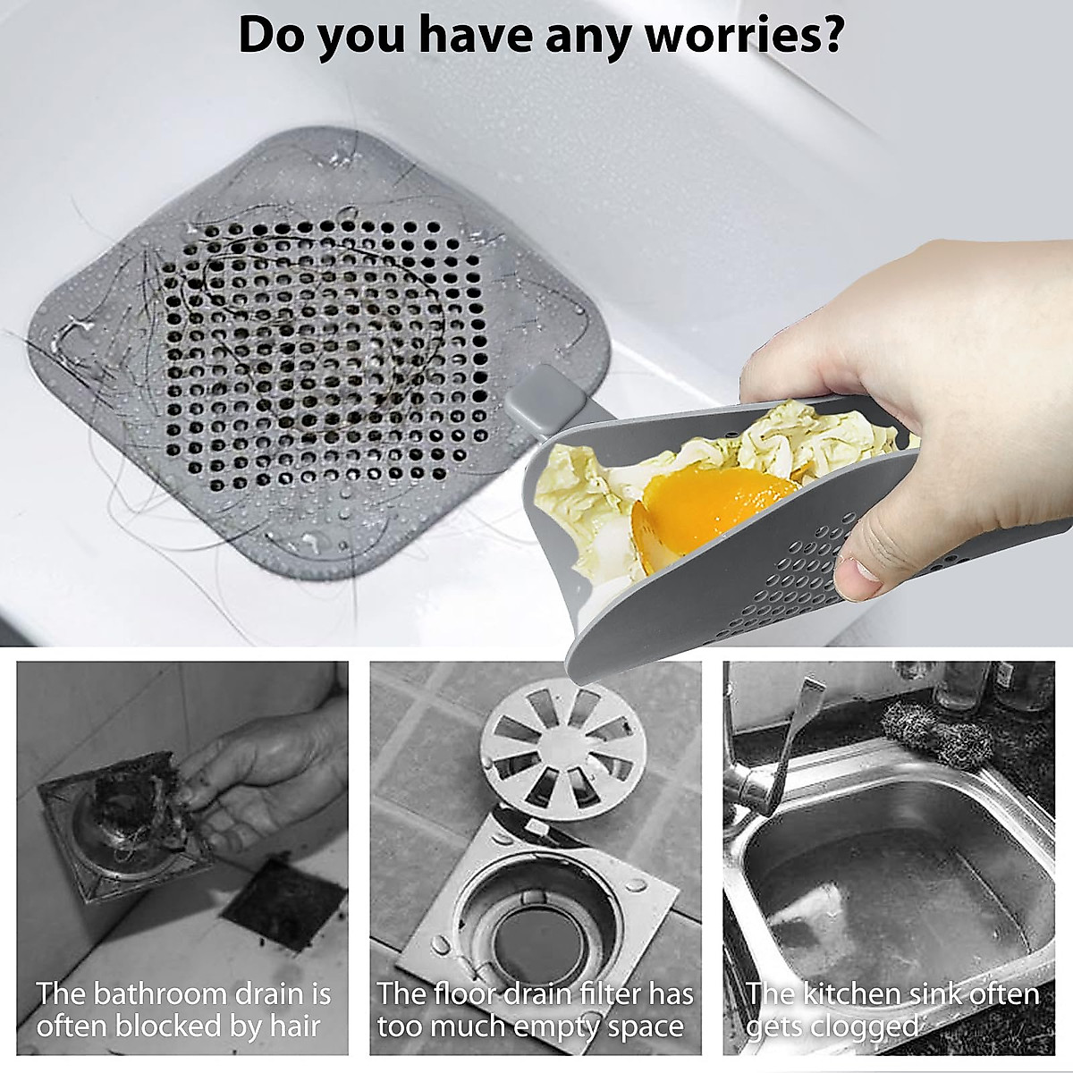 Shower Drain Hair Catcher, 5.9 inch Silicone Square Drain Cover Protector Hair Stopper Trap Flat Strainer, Home Protectors Sink Cover for Bathroom, Kitchen, Laundry, RV - 2 Pack, Gray