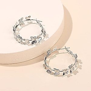 Butterfly Hoop Earrings Large Big Gold Monarch Butterfly Earrings Statement Fashion Retro Earrings Jewerly Gift for Women Girls-A silver