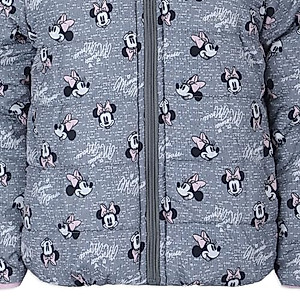 Disney Girl's Minnie Mouse Print Hooded Puffer Jacket with Ears and Pink Bow, Grey, Size 5