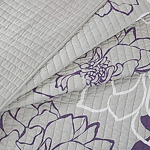 Madison Park Lola 100% Cotton Quilt Set - Casual Floral Channel Stitching Design, All Season, Lightweight Coverlet Bedspread Bedding, Shams, Decorative Pillows, King/Cal King(104"x94"), Purple 6 Piece