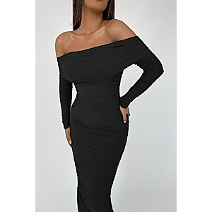 PRETTYGARDEN Women's Fall Off Shoulder Maxi Bodycon Dress Long Sleeve Ruched Fitted Club Dresses with Slit (Black,Small)