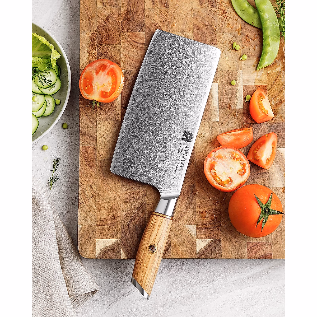XINZUO Cleaver Knife 7.5 Inch, 73 Layer Damascus Steel Powder Steel Core Chinese Chef's Knife, Multifunction Vegetable Meat Slicing Knife with Olive Wood Handle -Lan Series