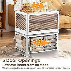 WYZworks Foldable Storage Box Tote w/Wheels Moving Friendly Transparent 5 Door 30L Stackable for Clothing, Shoe Closet, Snack Pantry, Garage, Dorm Quick Collapsible Organizing Toy Bin With Lid White