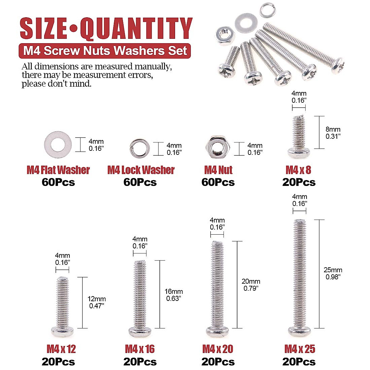 Hilitchi 300-Piece M4 Phillips Pan Head Screws Bolt Nut Lock Flat Washers Assortment Kit, 304 Stainless Steel