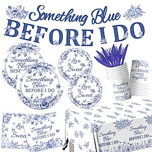142PCS Something Blue Before I Do Bridal Shower Decorations Bridal Shower Party Favors for 20 Guests Blue Floral Plates and Napkins Tableware Set Blue Bridal Shower Decorations for Wedding Engagement