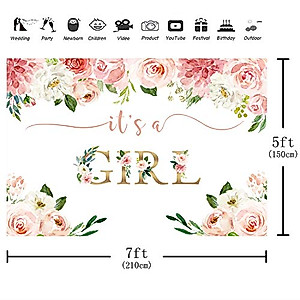 Aperturee It's a Girl Baby Shower Backdrop Watercolor Pink Floral Photography Background 7x5ft Flower Baby Girl Party Decorations Photo Booth Photoshoot Props Banner Supplies