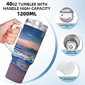 HULIBIN Serene Seaside Sunset Print Double Deck Stainless Steel Travel Coffee Cup With Lid 40 Oz Ice Bully Cup