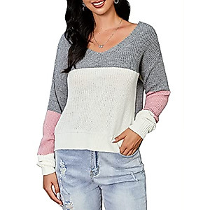 ZAFUL Women's Fashion Colorblock Sweater Knot Back V Neck Sexy Knit Pullover Long Sleeve Top (0-Multi, M)