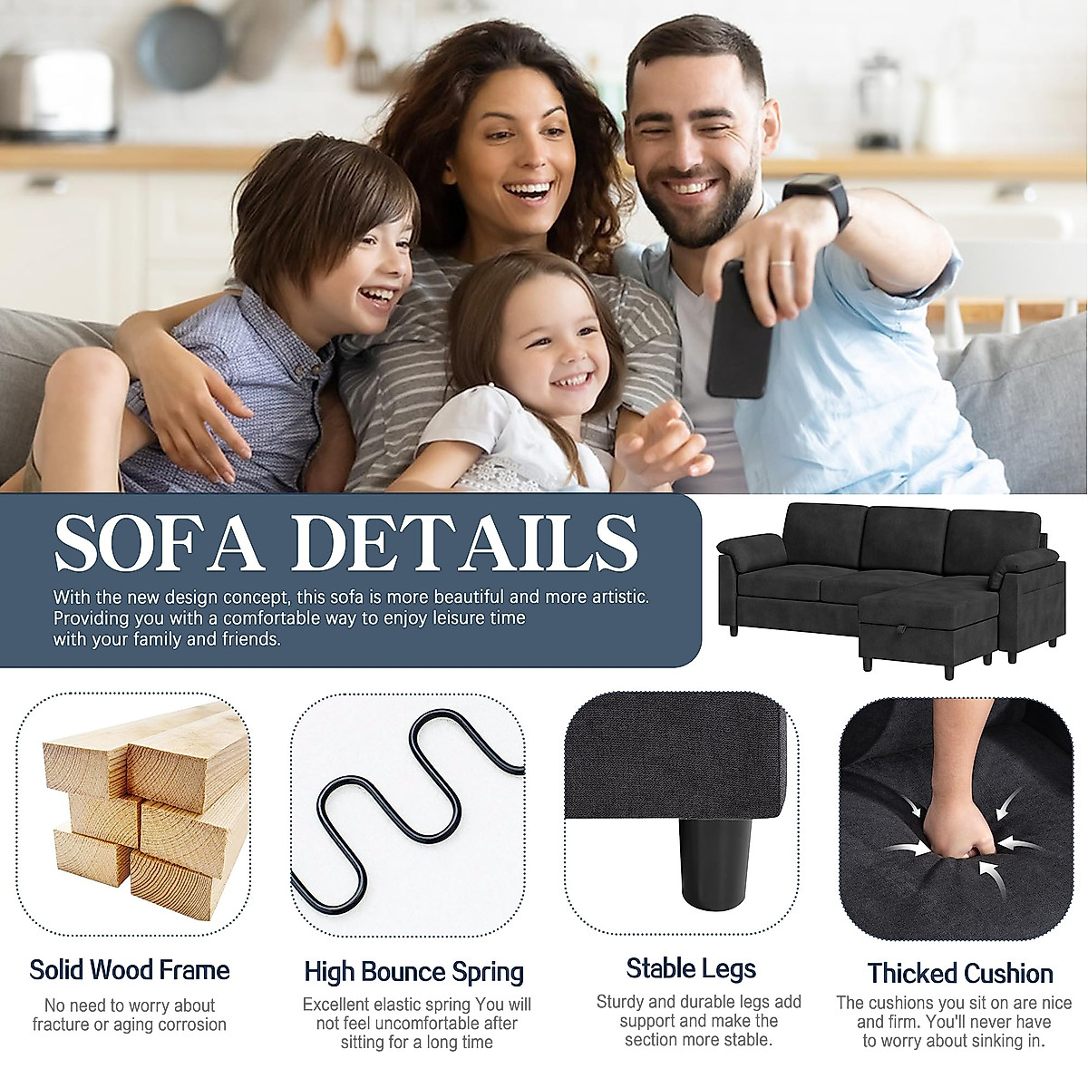 Meilocar 79" Sectional Sofa Couch, Sectional Couch with Storage Ottoman, Convertible L Shaped Couch with Armrests Side Storage Pockage, 3-Seat Sofa Couches for Living Room, Apartment, Black