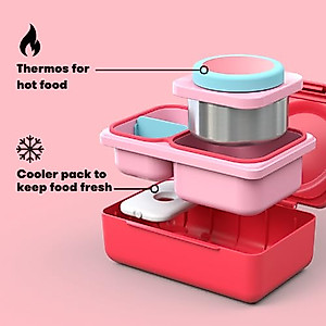 Omie OmieBox UP bento Box for Kids | Insulated Lunch Box | Leak Proof Thermos Food jar | Cooler ice Pack | 2 Compartments (Cherry Pink)