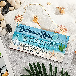 Bathroom Rules Sign Decor Bathroom Rule Wall Plaque Decor Bathroom Rule Wooden Hanging Sign Bathroom Wall Art Farmhouse Bathroom Wall Decor Rustic Funny Bathroom Decor, 10 x 5 Inch（sea beach）