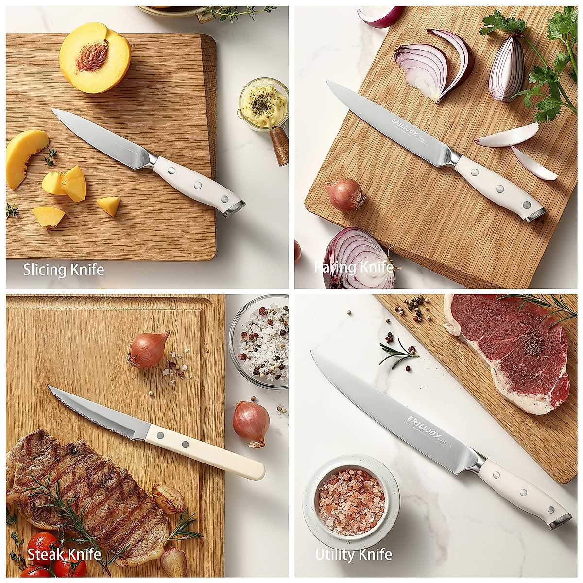 grilljoy 17PCS Premium Knife Set With In-drawer Knife Block, High Carbon Stainless Steel Cutlery Knife Block Set, Versatile Chef Knife Set for Daily Kitchen Use, White