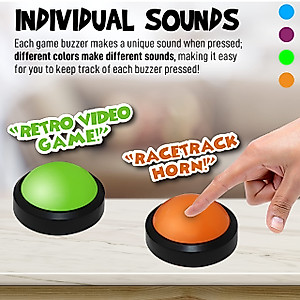 Teacher's Choice 4 Pack Game Buzzers with Unique Loud Sounds for Each Buzzer | Great for Trivia Games, Family Feud, Jeopardy, Competition, Spelling Bees and more
