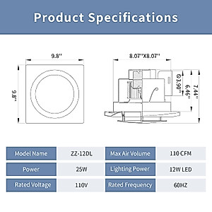 Zeyzer Bathroom Exhaust Fan with Light LED Square Quiet Ceiling Mount Ventilation Fan Combination for Bathroom/Shower/Restroom/Home/Office, 110 CFM 1.0 Sones 4 Inches Duct 110V, White