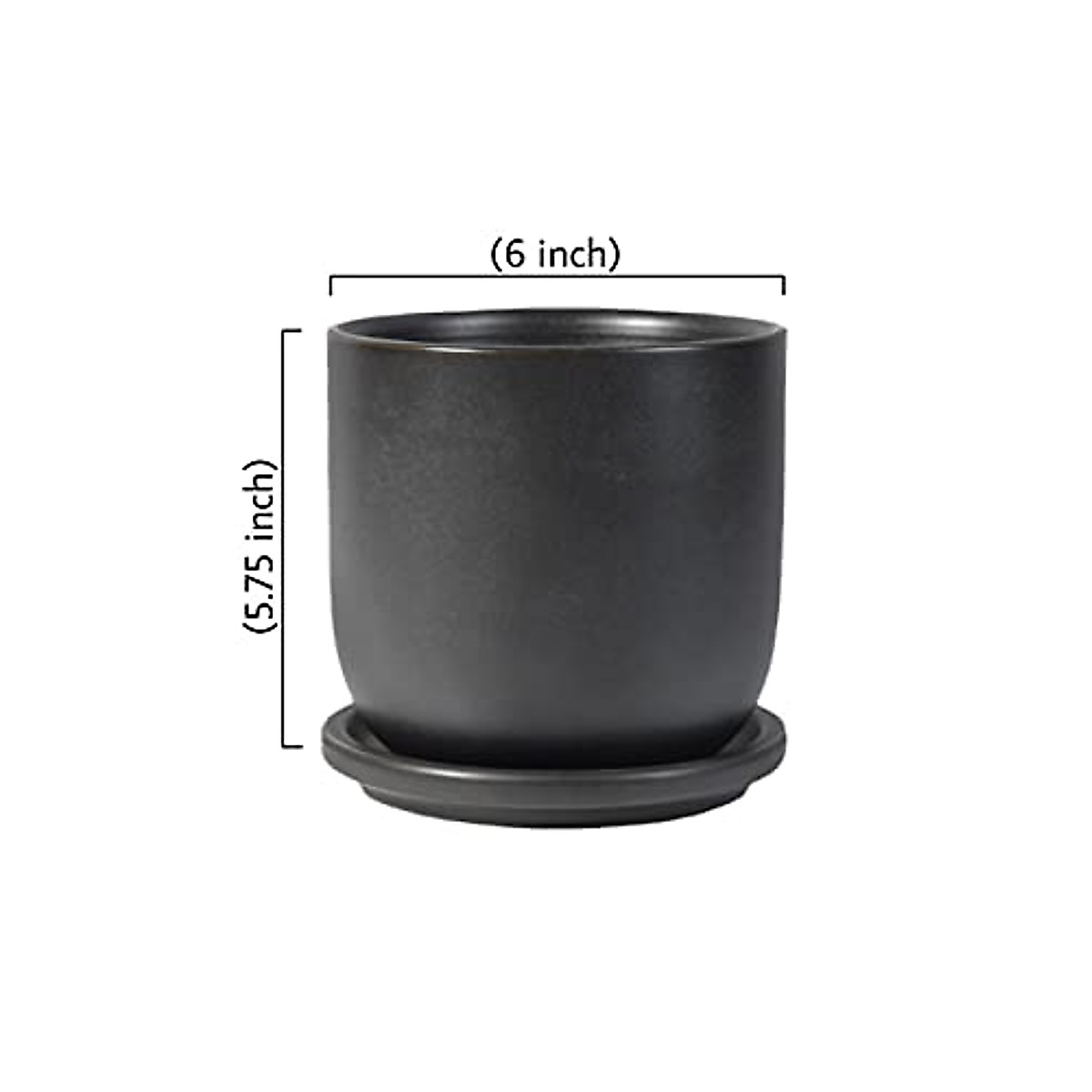 Serene Spaces Living Large Classy Matte Black Ceramic Pot with Drainage Holes and Saucer for Plants and Flowers, Decorative Outdoor/Indoor Planters, Measures 6" Diameter & 5.75" Tall