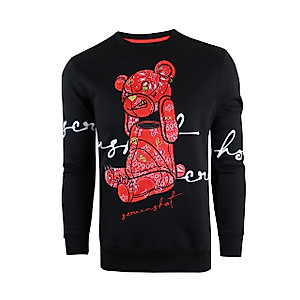 SCREENSHOT-F1122 Mens Urban Hip Hop Premium Fleece - Head Lifting Paisley Cartoon Teddy Bear Crew Neck Streetwear Sweatshirt-Black/Red-Large