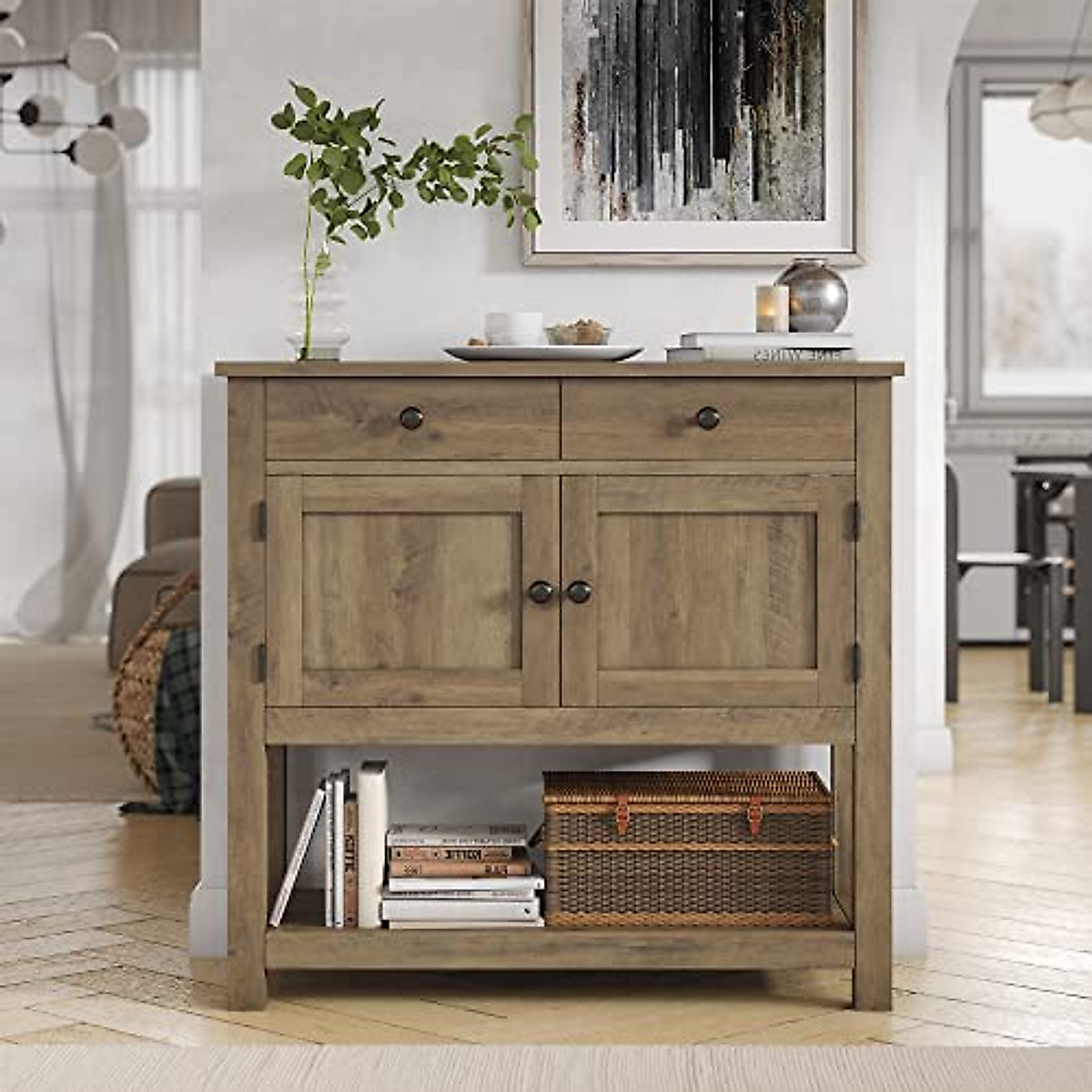 HOSTACK Farmhouse Console Table with 2-Door Cabinet & 2 Drawers, Coffee Bar, Entryway Table with Storage Shelf, Sofa Tables Buffet Sideboard for Kitchen, Hallway, Dining, Living Room, Rustic Brown