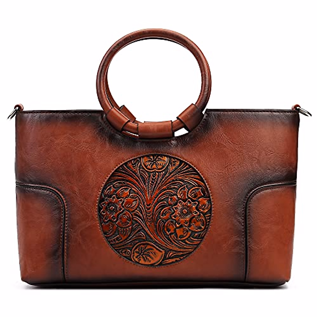 PU Handbag for Women,Vintage Design Embossed Totem Purse Organizer Top-Handle Satchel Handmade Medium Crossbody … (Brown)