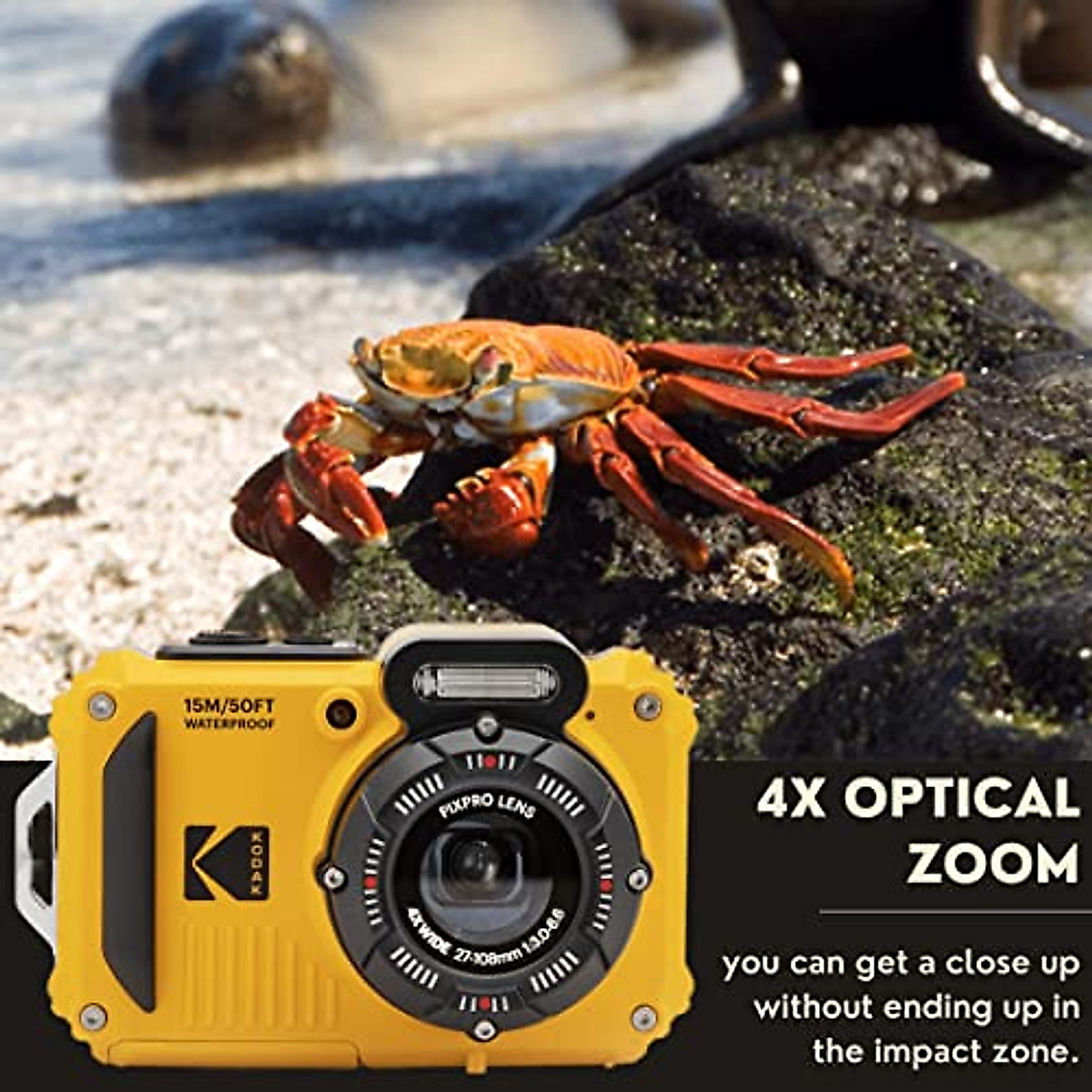 Kodak PIXPRO WPZ2 Rugged Waterproof 16MP Digital Camera with 4X Optical Zoom with Koah Nostrand Gadget Bag with Accessory Kit, 32GB UHS-I microSDHC, and Floating Strap Bundle (4 Items)