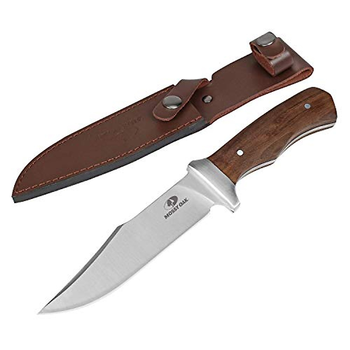 Mossy Oak 11-inch Full-tang Fixed Blade Knife with Leather Sheath, Clip Point Blade and Wood Handle, for Outdoor Survival, Camping