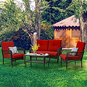 PHI VILLA 4 Piece Outdoor Wicker Patio Furniture Sets Clearance, Patio Wicker Conversation Sets All Weather Rattan Wicker Sofa with Cushions for Garden Lawn Deck, Brown & Red