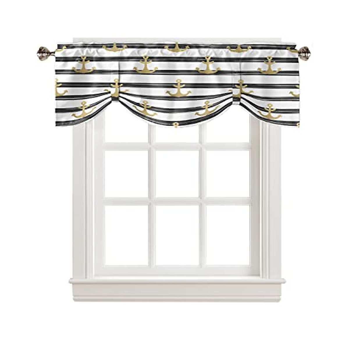 Tie Up Valance for Kitchen Windows, Nautical Theme Gold Anchor Tie-up Curtain Shade Valances 54x18In 1 Panel Rod Pocket Short Curtains Window Treatment for Living Room Home Decor Black White Stripes