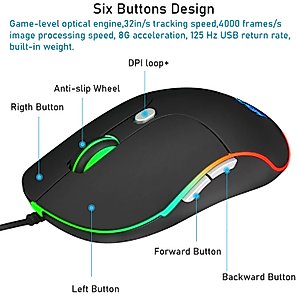 Wired Mouse, Mouse for Laptop with Easy Click for Office, Home, Gamer, 3200DPI, Programmable Buttons, USB LED Backlit Mice Wired Computer Mouse Compatible with Laptop, PC, Desktop, Black