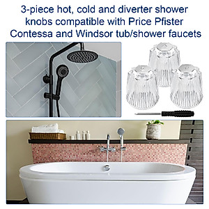 Gosknor 3 Piece Shower Knob Replacement, Clear Acrylic Faucet Handles Hot/Cold/Diverter Bathtub Knobs Bathroom Faucet Knobs Compatible with Price Pfister Contessa and Windsor, with Screwdriver