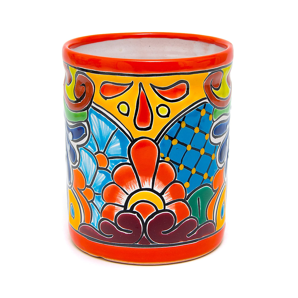 Enchanted Talavera Ceramic Large Utensil Holder Spatula Crock Kitchen Counter Organizer Mexican Pottery Utensils Tools Caddy Spoon Rest White Ceramic (Red Large (7.5" H x 6" W)