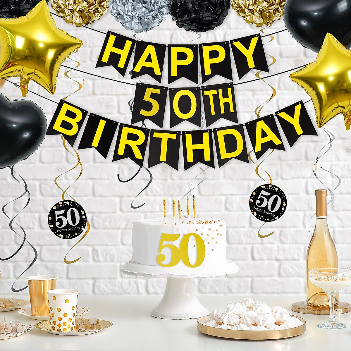 RUBFAC 50th Birthday Decorations for Men, Black Gold Happy Birthday Party Decorations Set for Men Women, 50th Birthday Party Supplies
